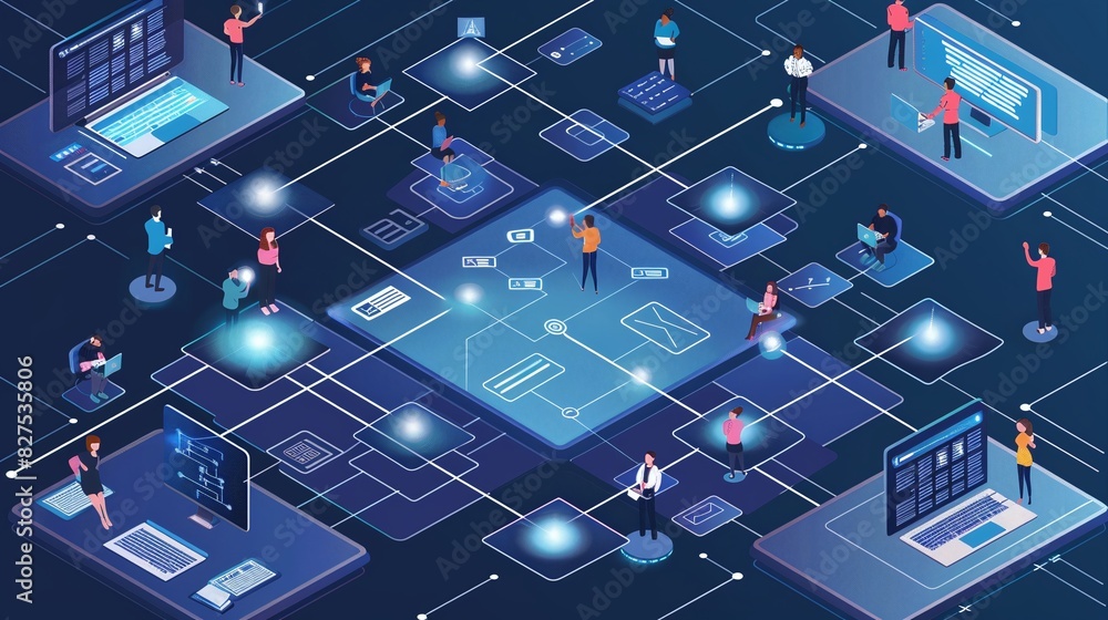 Business process management and automation concept with person moving ...