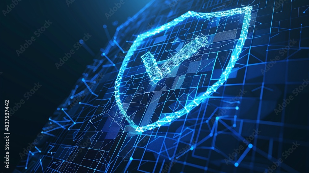 Visualizing a secure cybersecurity symbol: A dark blue wireframe shield adorned with a checkmark ...