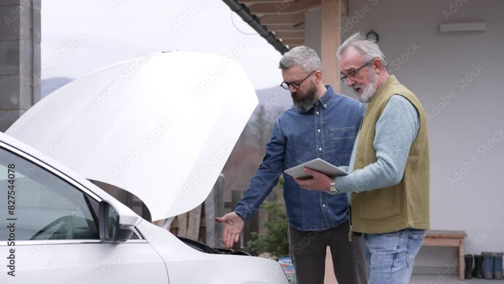 Elderly father teaching son how to refill fluid in a car, coolant in ...