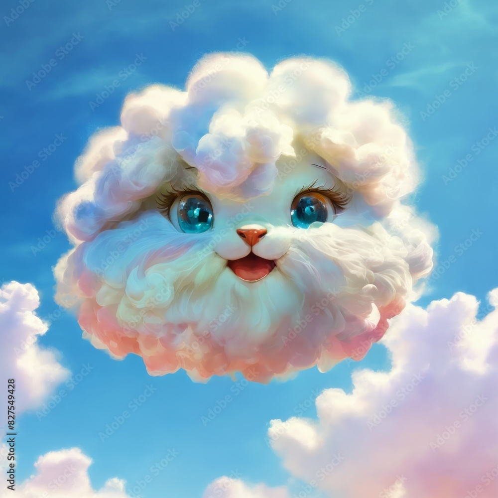 A fluffy, anthropomorphic cloud with big blue eyes and a friendly smile ...