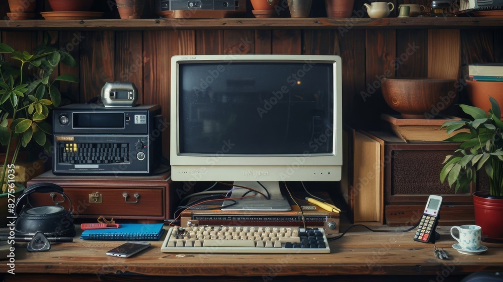 A vintage computer setup with a modern smartphone and gadgets, blending ...