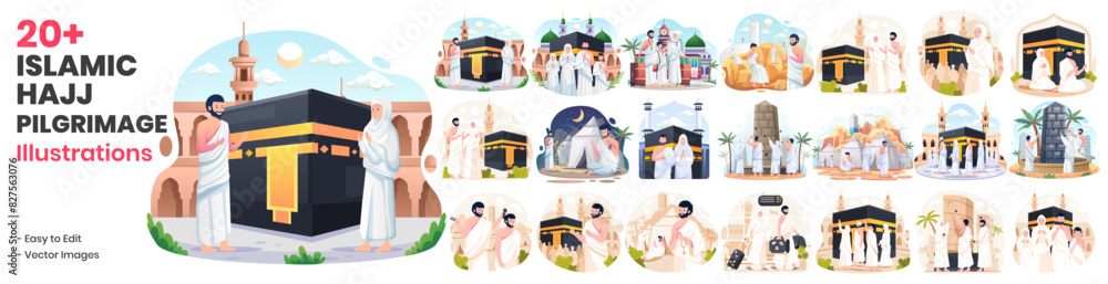 Mega Collection of Islamic Hajj Pilgrimage Illustrations. Muslim People ...