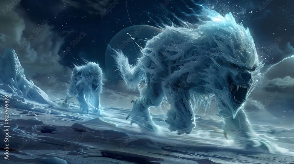 Alien ice-energy beasts stalk the Arctic tundra, moving gracefully yet ...