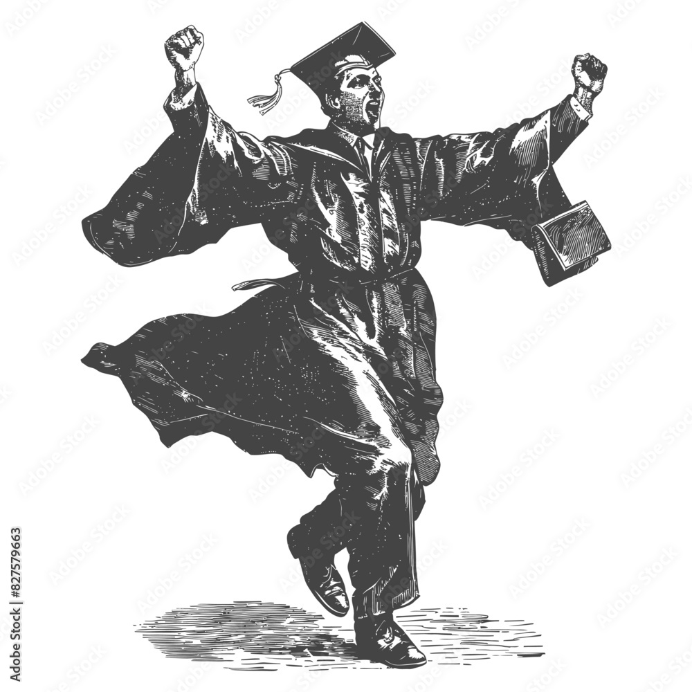 academic man celebrating graduation with old engraving style black ...