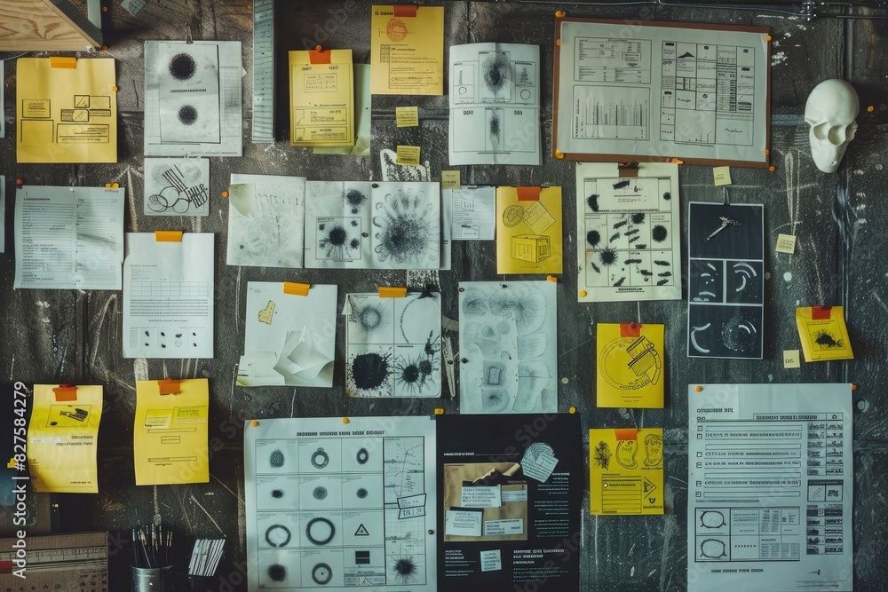A photo of various crime scene papers and fingerprints on the wall with ...