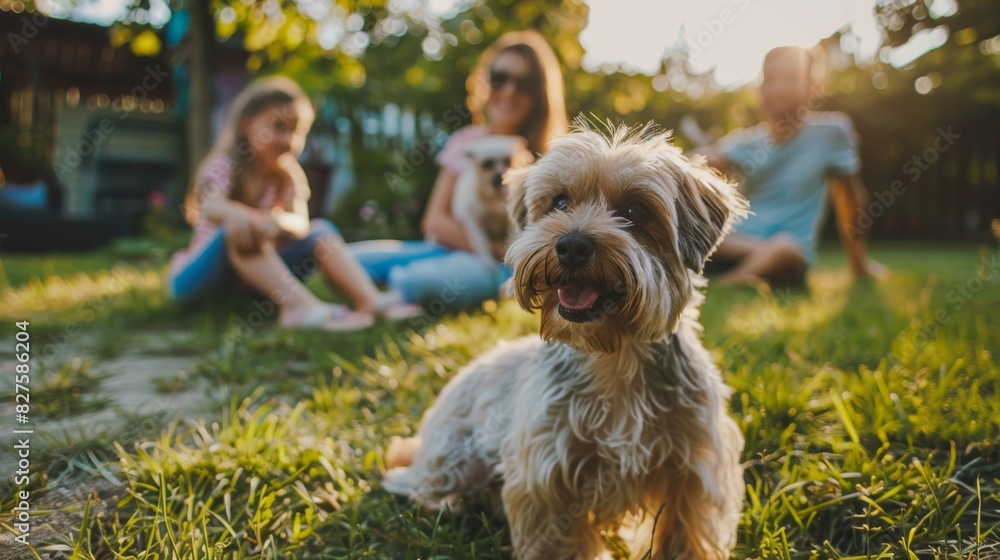 Happy Family Weekend in the Backyard with Children and Their Dog ...