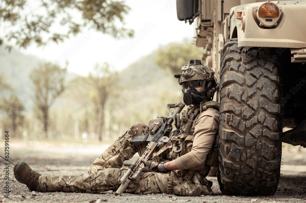 United States Army in camouflage uniforms operation in the forest.with ...
