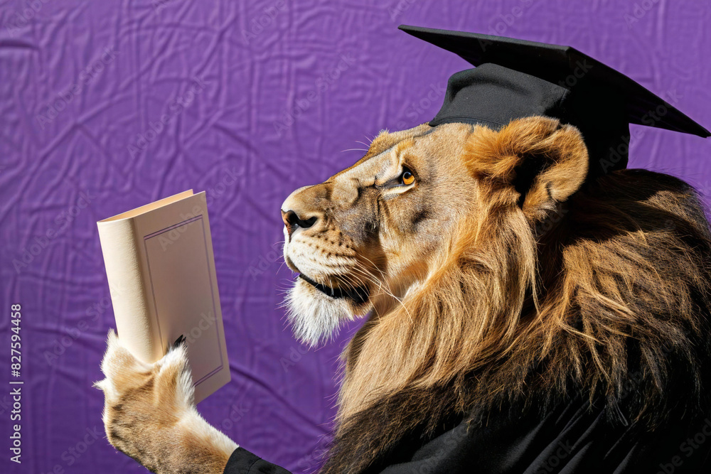 Lion wearing graduation cap and holding diploma on purple background ...