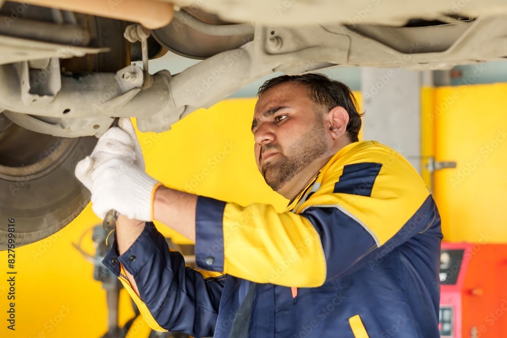 Mechanic working under car, wearing white gloves and blue-yellow ...