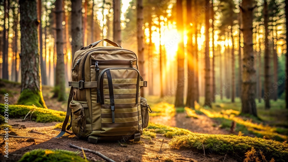Tactical backpack in the forest with beautiful golden hour back light ...