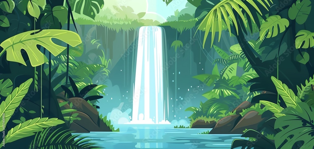 Lush tropical rainforest with a waterfall flat design front view nature ...