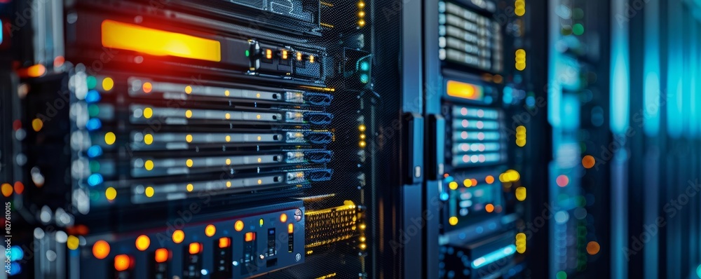 Abstract technology background of server room with rows of rack-mounted ...