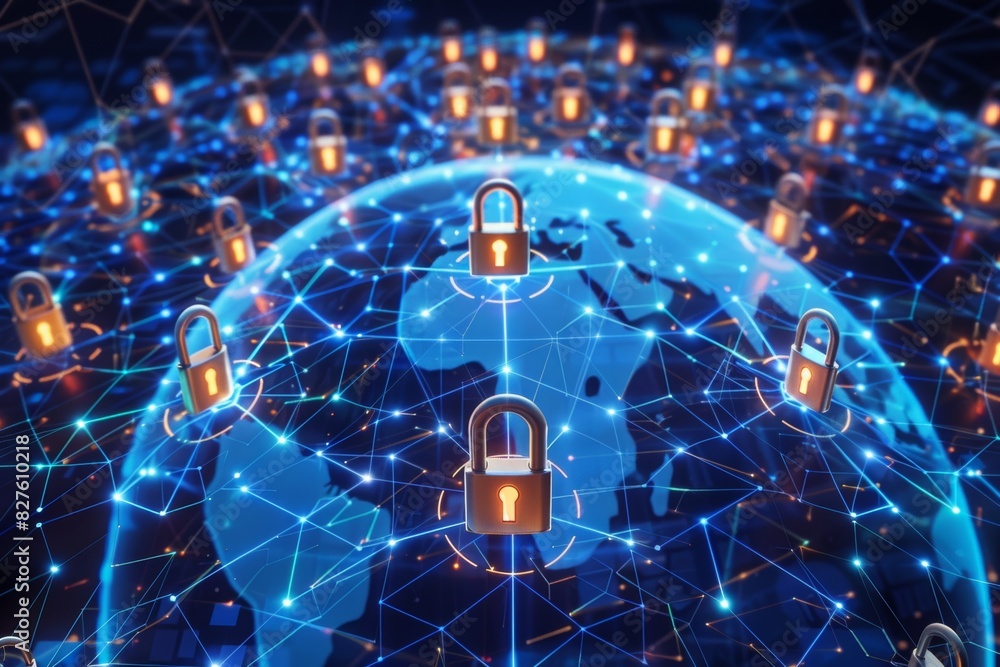 Global Network Security Concept A Digital Illustration Of A Global Network With Padlocks