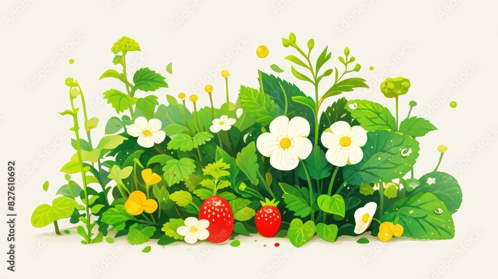 A whimsical 2d cartoon depicts a garden strawberry flower with a ...