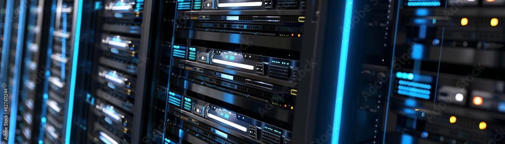 Abstract image of a server room. Rows of server racks with blinking ...