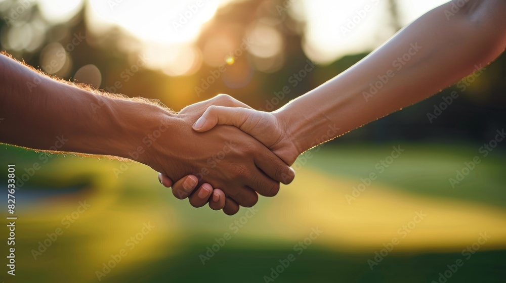 People, handshake, and sport for community, grass-field teamwork, trust ...