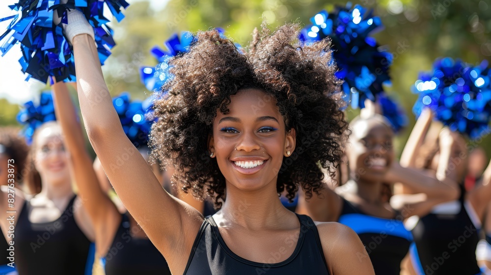 Outdoor cheerleaders celebrate, smile, and win with enjoyment ...