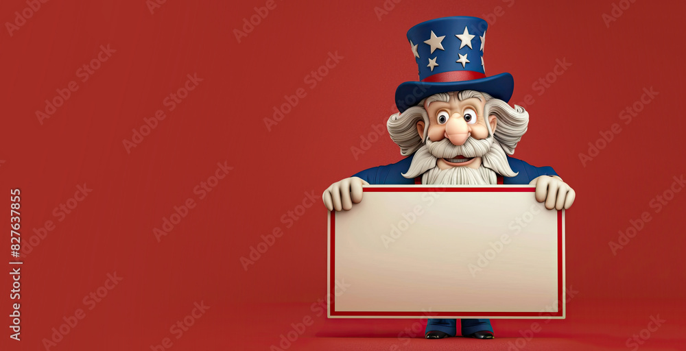 Cute Cartoon 4th of July Uncle Sam on a Red Background Holding a Blank ...