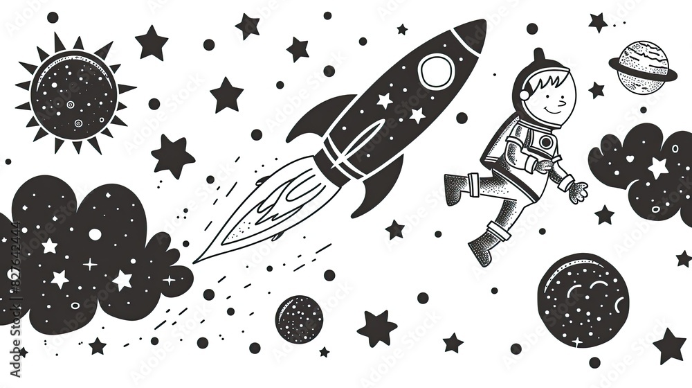 Stencil for children's art. Takeoff of a rocket for exploration into ...