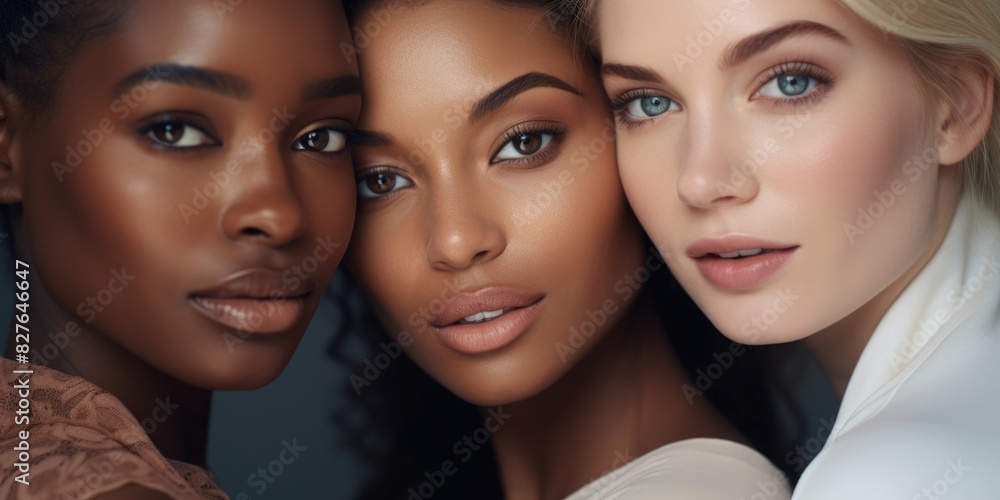 Three women with different skin tones are posing for a photo. The photo ...