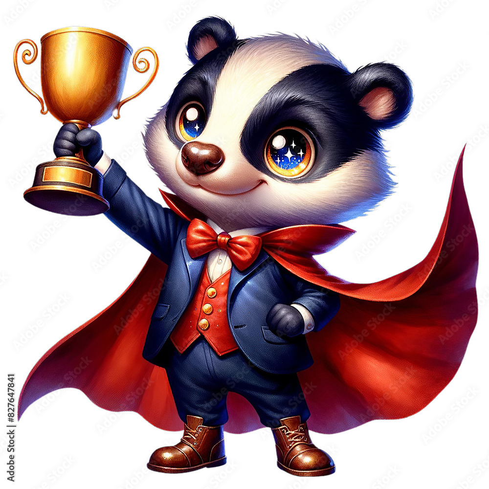 Cute cartoon badger dressed as a superhero with a trophy, celebrating ...