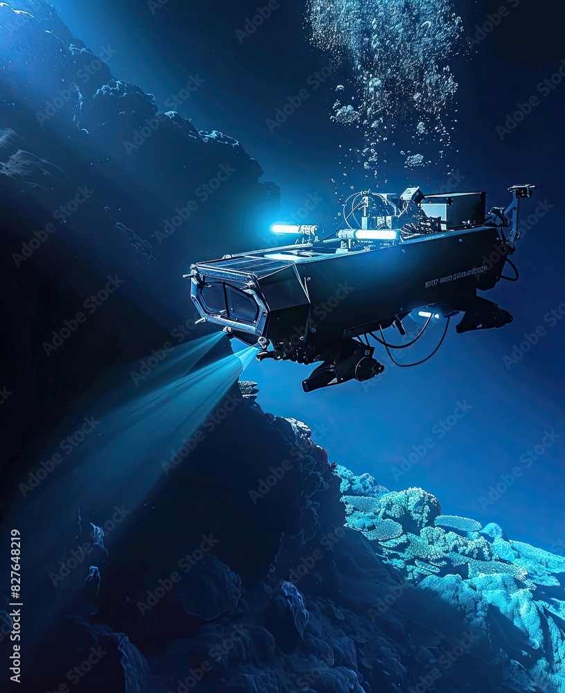 The image shows a remote operated vehicle exploring the deep sea ...
