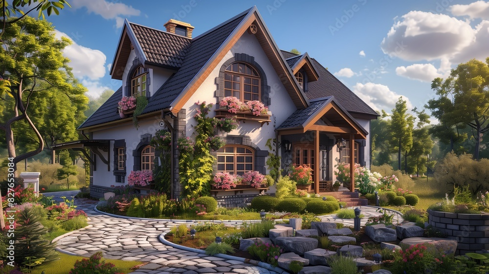 A suburban house with a charming cottage design, a steeply pitched roof ...