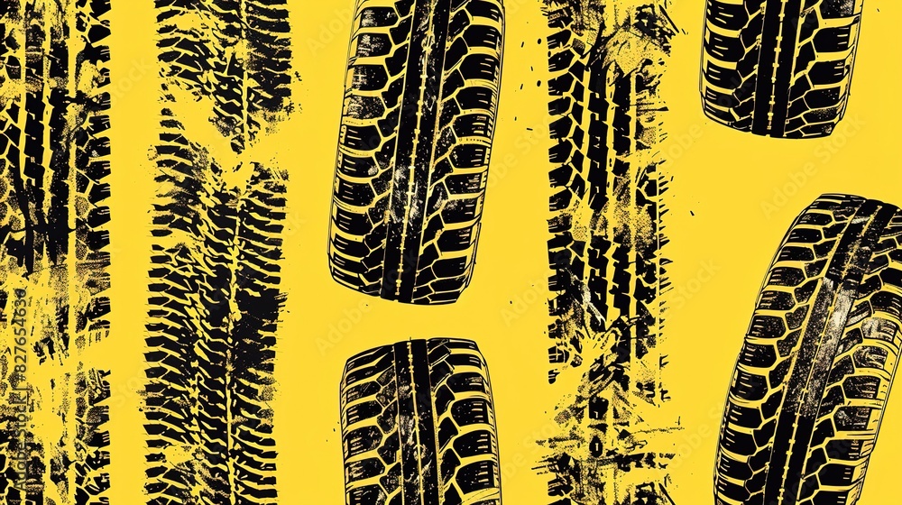 Bright yellow background with dynamic black tire tread pattern ...