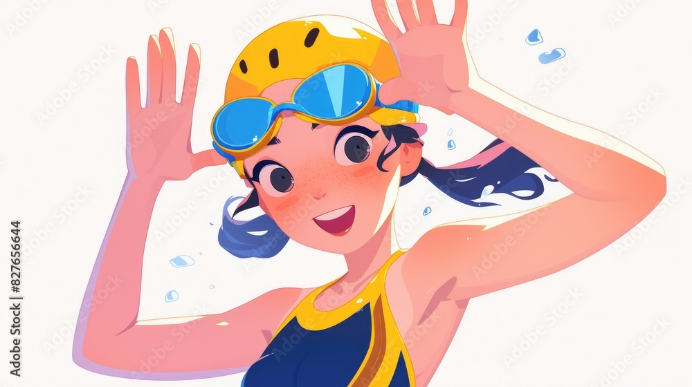 A cheerful swimmer sporting a bathing suit swim cap and goggles is ...