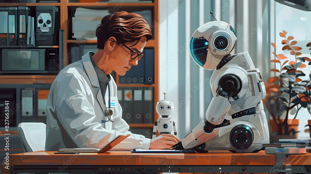 Simple flat vector illustration of a doctor sitting at him desk with a ...