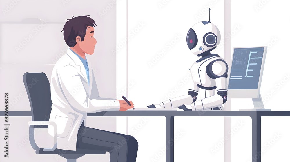 Simple flat vector illustration of a doctor sitting at him desk with a ...