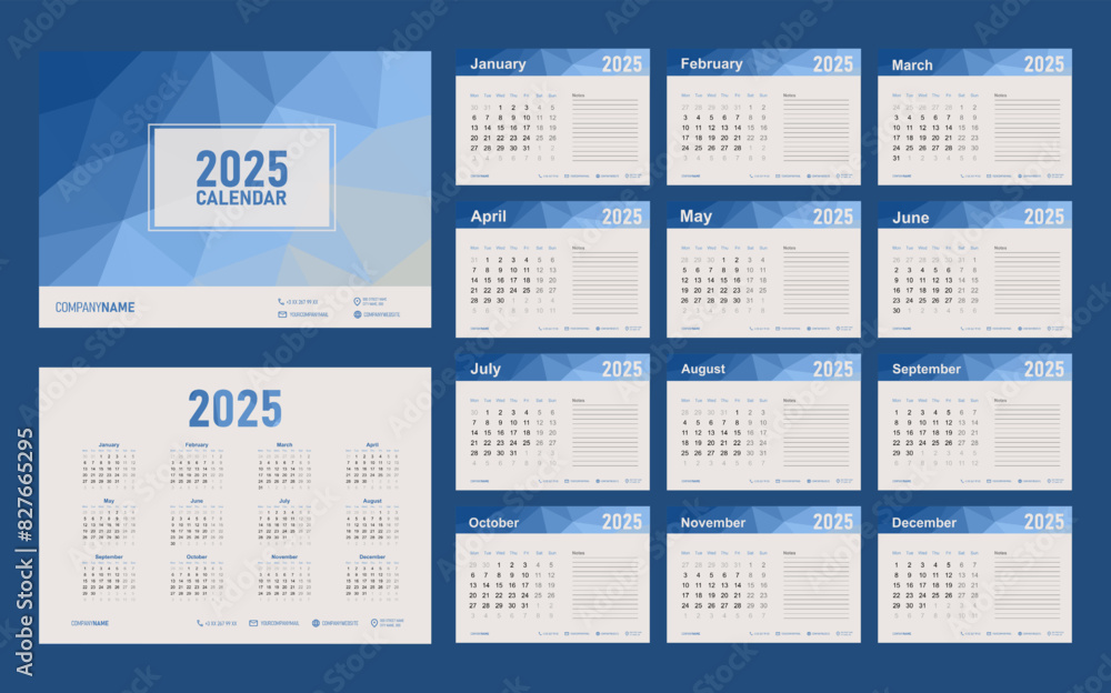 2025 calendar template. Set of annual and monthly calendar with cover ...