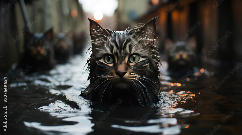 Small Hairy Cats Group In Dirty Water Looking Front on Blurry ...