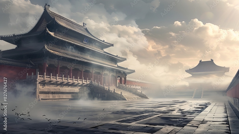 Ancient Ming Dynasty imperial palace style, with ink wash painting ...