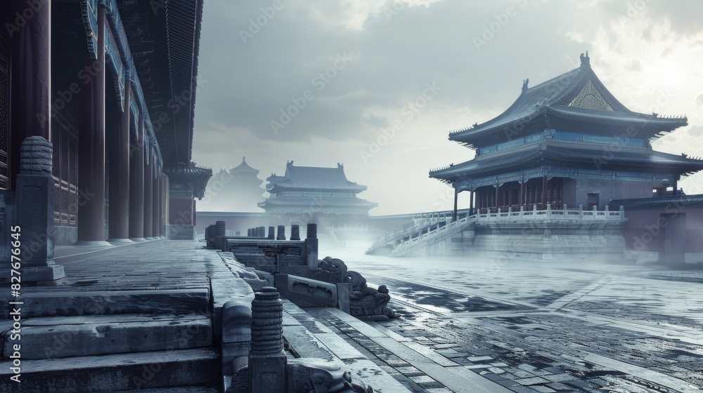 Ancient Ming Dynasty imperial palace style, with ink wash painting ...