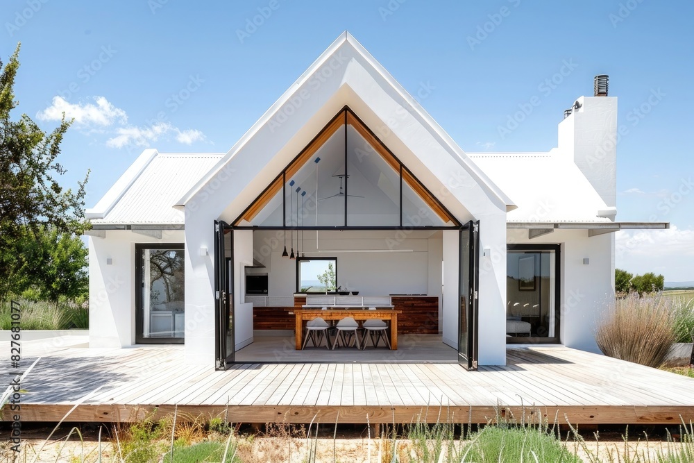 Beautiful modern family house with white walls, gable roof and wooden ...