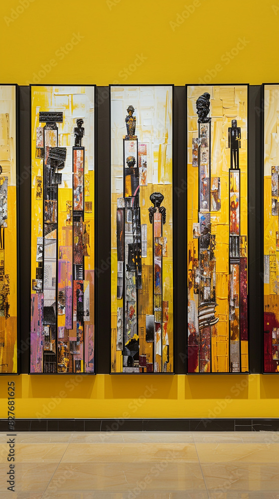 An art museum gallery displays a series of vertical paintings, each ...