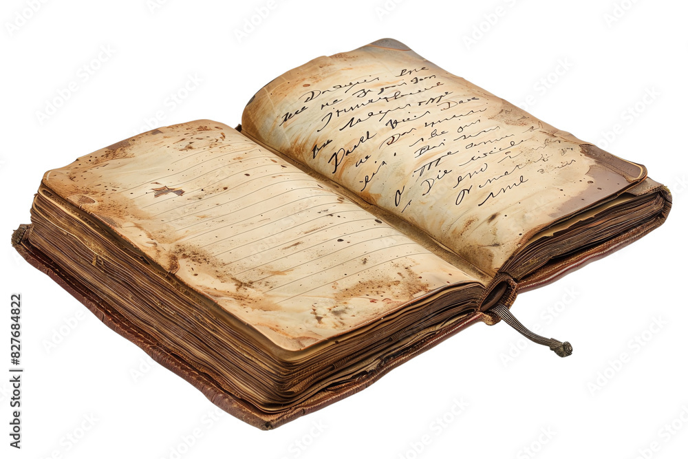 An open antique book with handwritten text in cursive on aged, yellowed ...