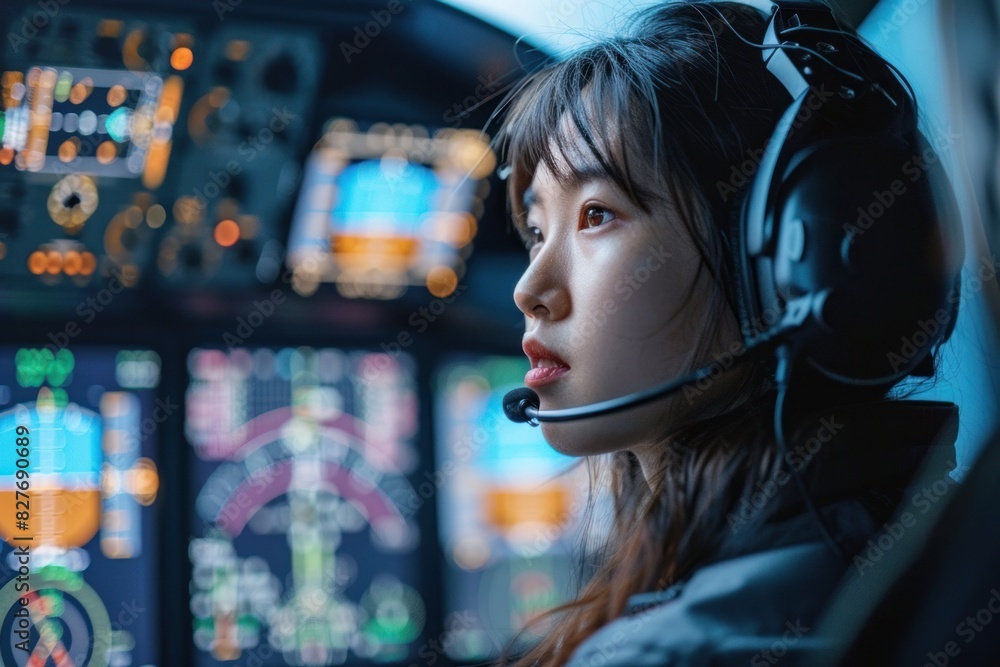 Female pilot in airplane cockpit wearing headset reviewing flight data ...