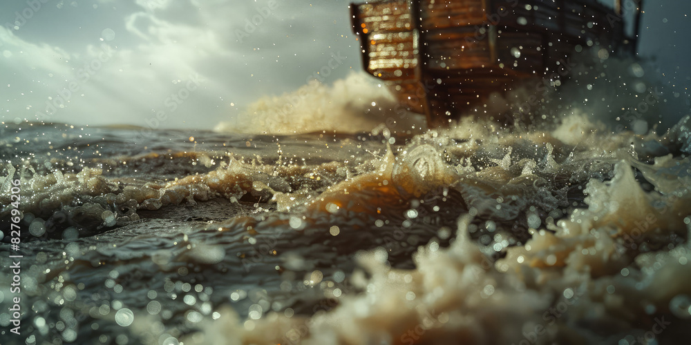 Noah's Ark amidst pouring rain during the flood in sea water with waves ...