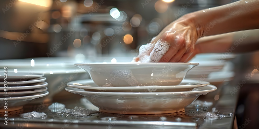 Cleaning white dishes in modern kitchen hands scrubbing pristine plates ...