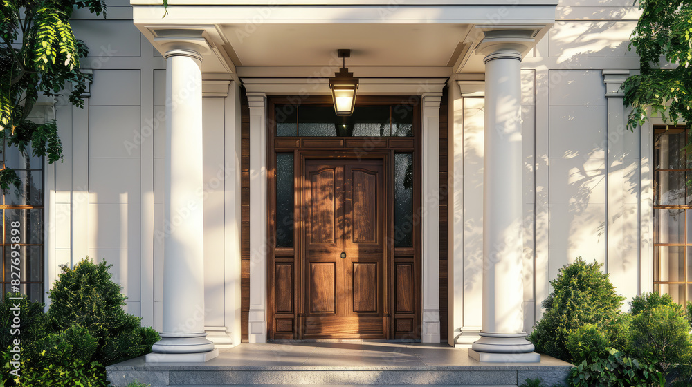 Main entrance door in house. Wooden front door with gabled porch and ...