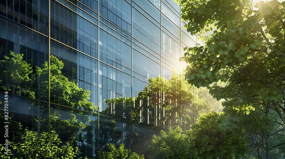 corporate glass building facade reflecting green trees exemplifying esg ...