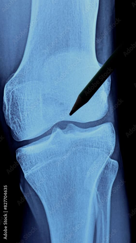Vertical footage of a close up x-ray scan of a knee joint. Doctor room ...