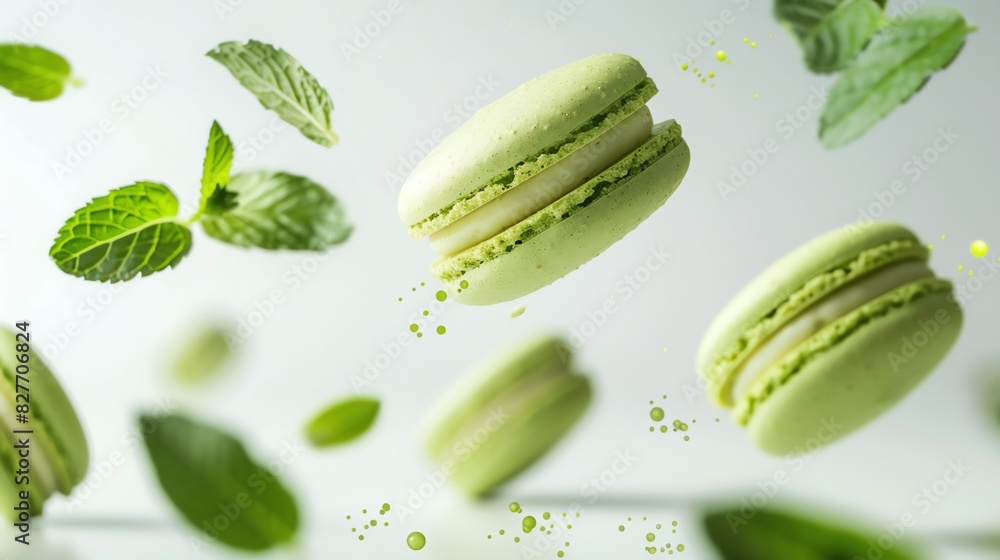 Floating green macaron on air, isolated on white background close up ...