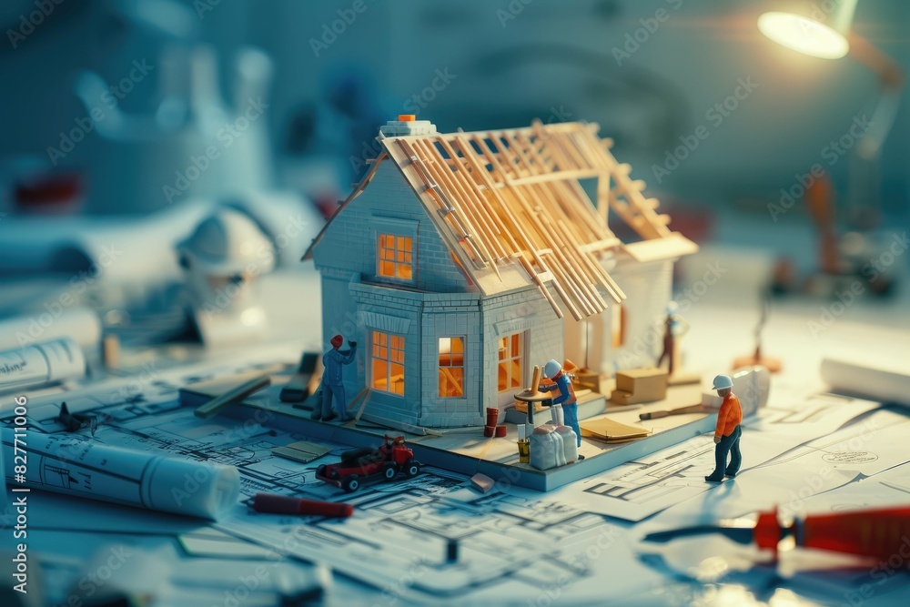 Miniature House Construction with Tiny Workers on Blueprint Plans ...