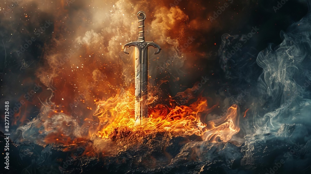 flaming excalibur sword stuck in stone fantasy medieval blade smoke and ...