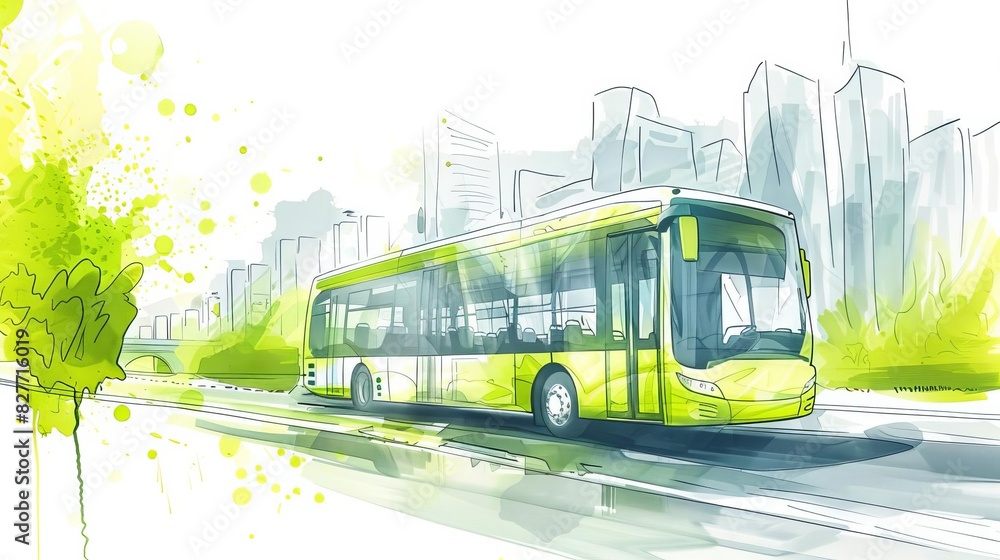 green city bus driving on road conceptual sketch illustrating ...