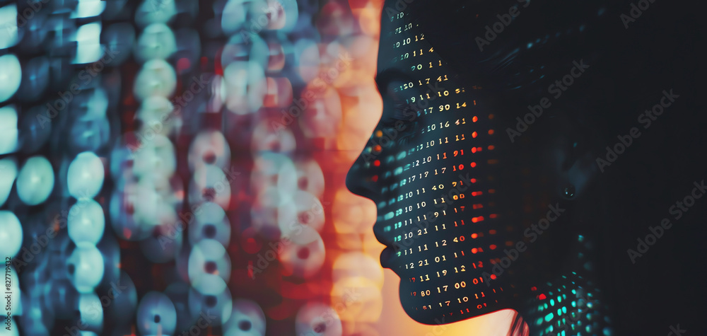 Silhouette of a woman's face with digital binary code overlay ...