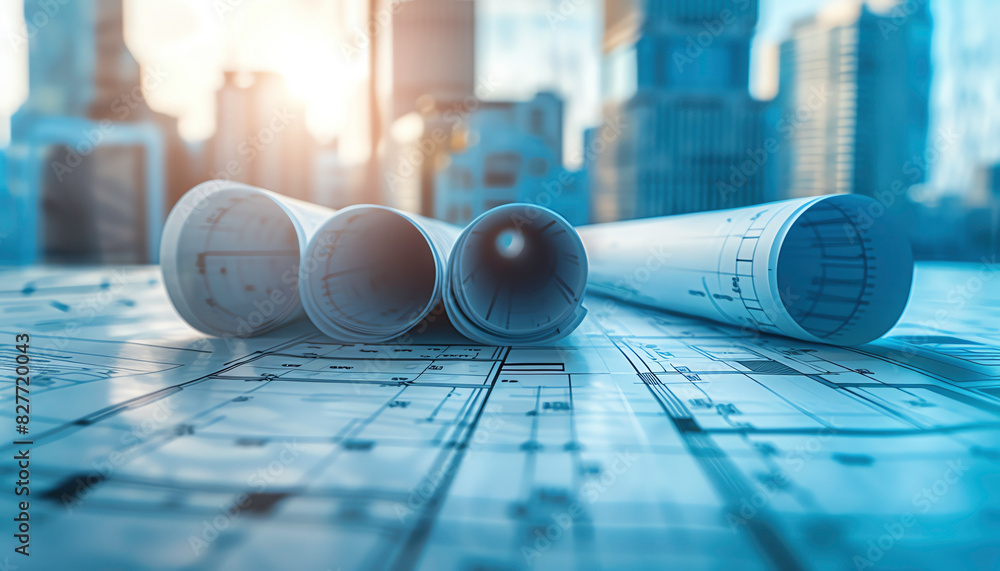 Rolled architectural blueprints on a city skyline background ...